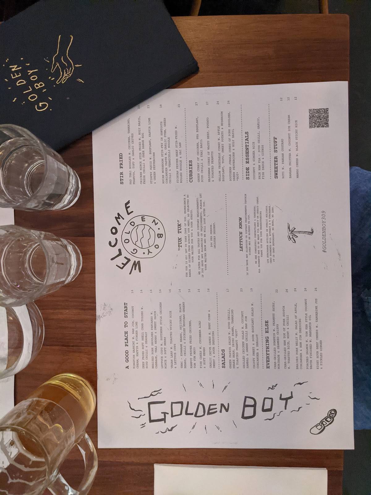 Menu at Golden Boy restaurant, Adelaide