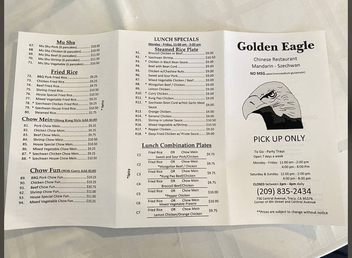 Menu at Golden Eagle Restaurant, Tracy