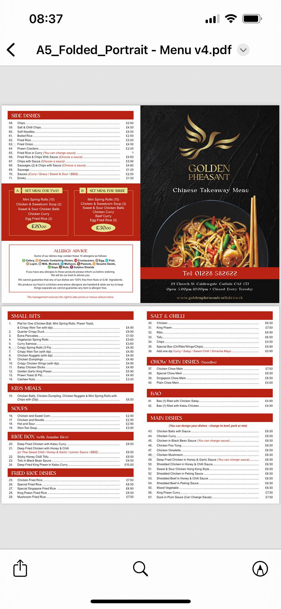 Menu at Golden Pheasant restaurant, Carlisle, 29 Church St