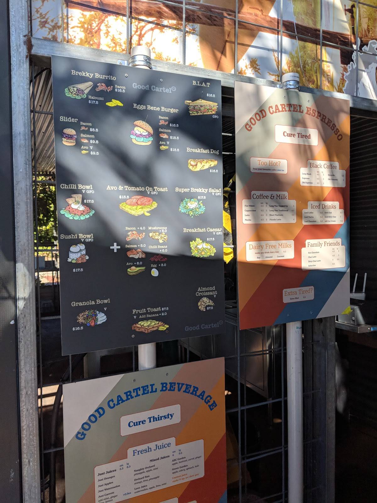 Menu at Good Cartel cafe, Broome