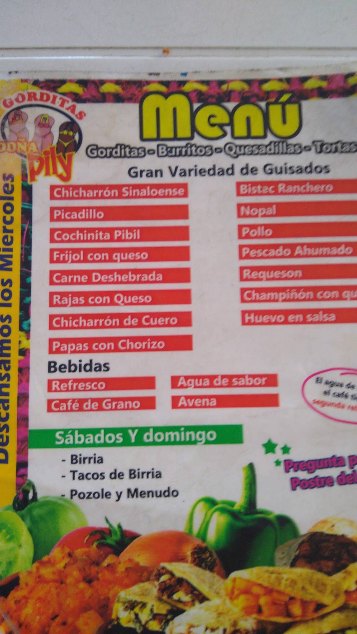 Carta del restaurante Gorditas Doña Pily, La Paz, La Paz-San José del Cabo