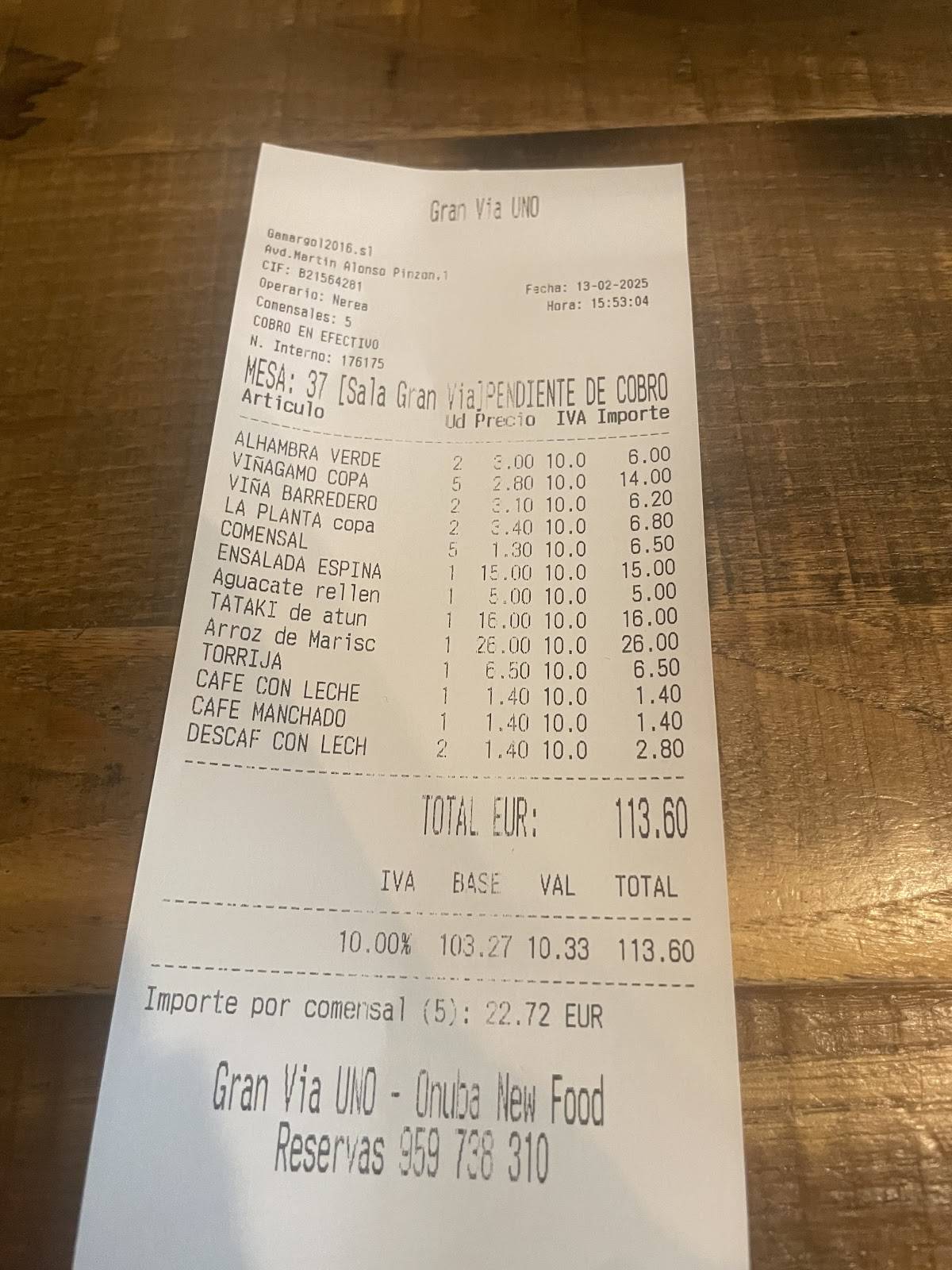 Carta de Restaurante Gran Vía Uno, Huelva