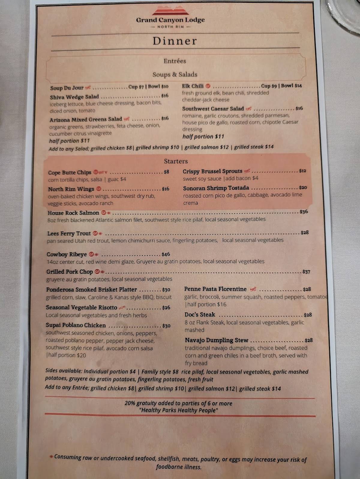Menu at Grand Canyon Lodge Dining Room restaurant, North Rim
