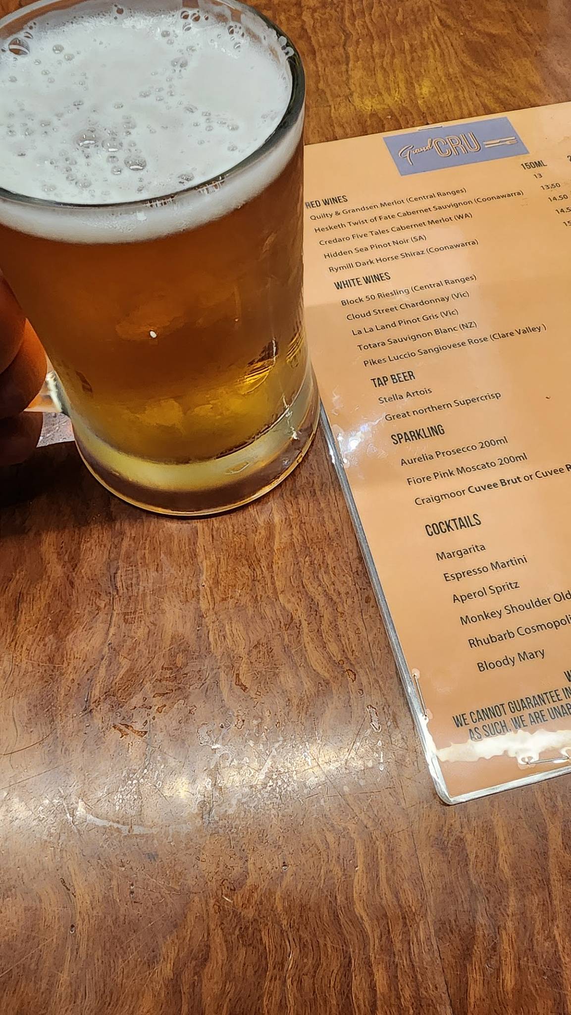 Menu at Grand Cru cafe, Mascot, Departure Plaza