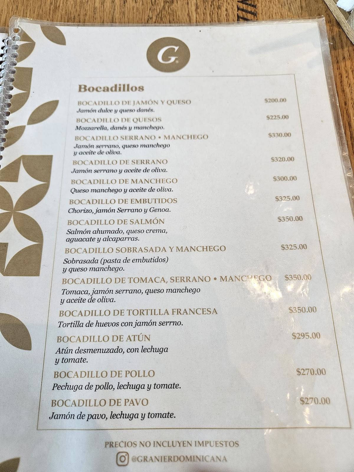 Carta del restaurante Granier, Santo Domingo, Av. Abraham Lincoln 448