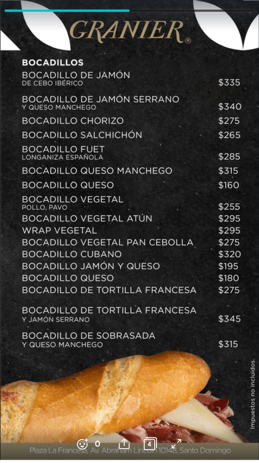 Carta del restaurante Granier, Santo Domingo