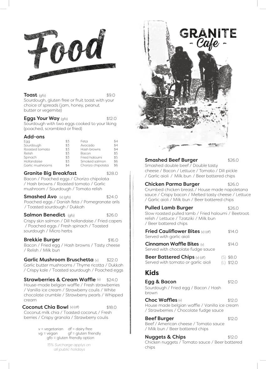 Menu at Granite Cafe, Tynong