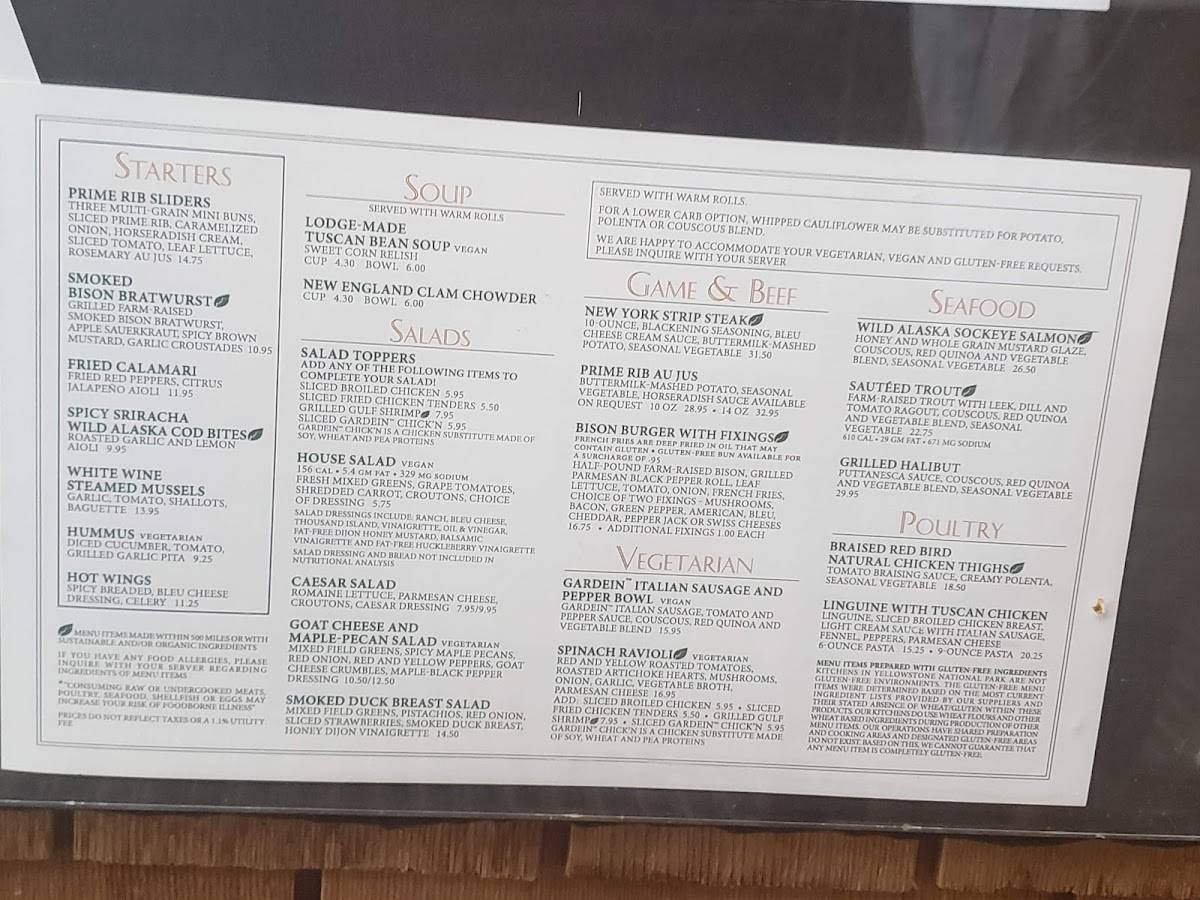 Menu at Grant Village Dining Room restaurant, USA, 550 Sculpin Ln