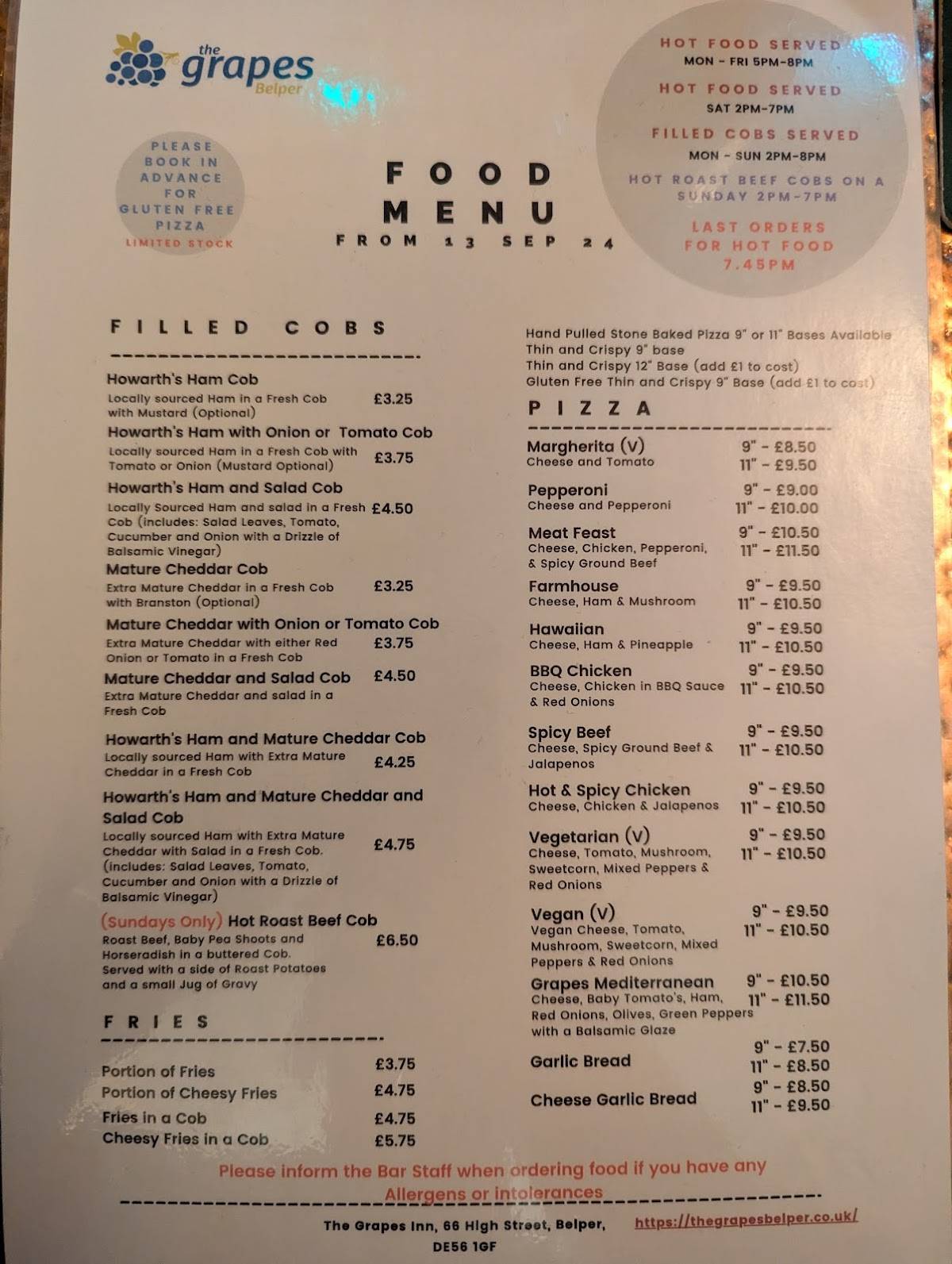 Menu at Grapes Inn pub & bar, Belper