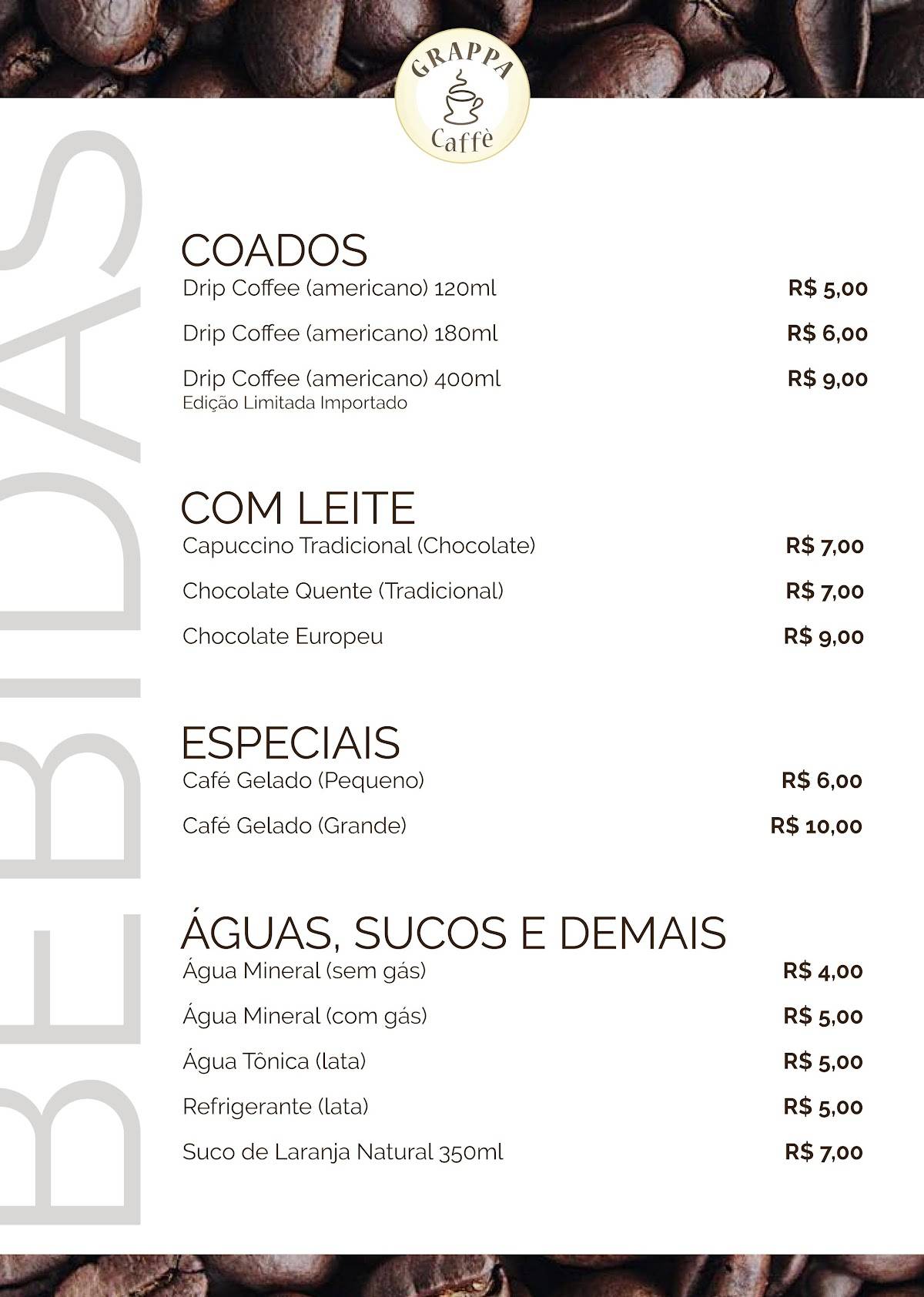 Menu em Grappa Caffè café, Marília
