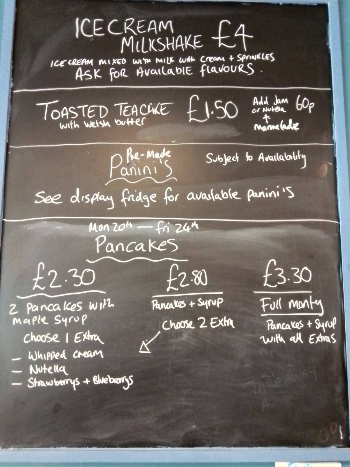 Menu at Grays Coffee, Tywyn