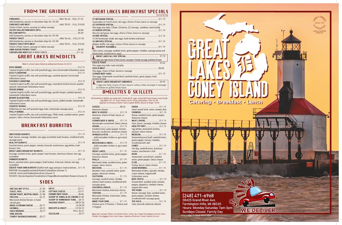 Menu at Great Lakes Coney Island restaurant, Farmington Hills