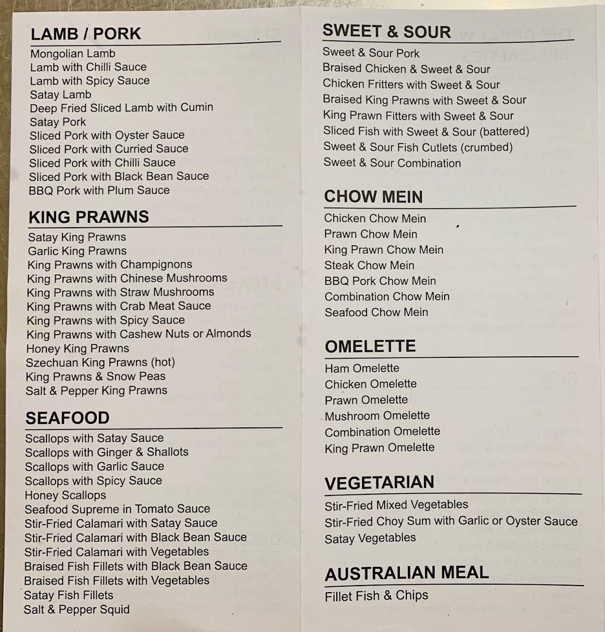 Menu at Great Wall fast food, Bathurst