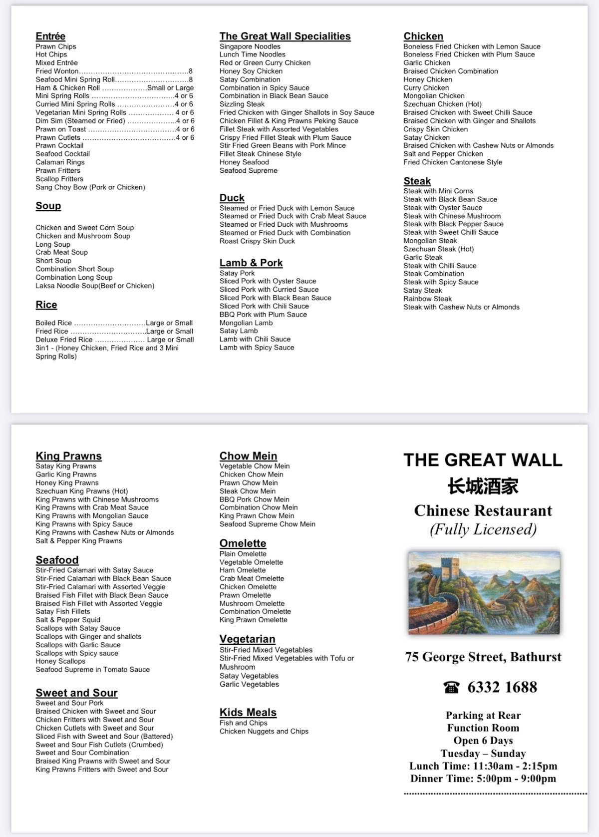 Menu at Great Wall fast food, Bathurst, 75 George St