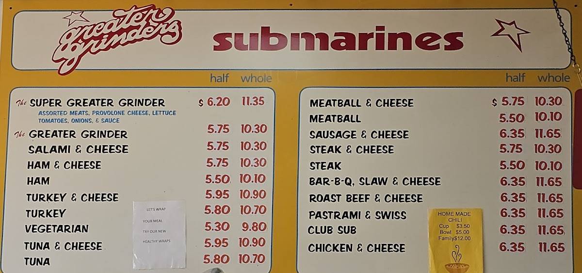 Menu at Greater Grinders Submarines restaurant, Norfolk, Azalea Garden Rd