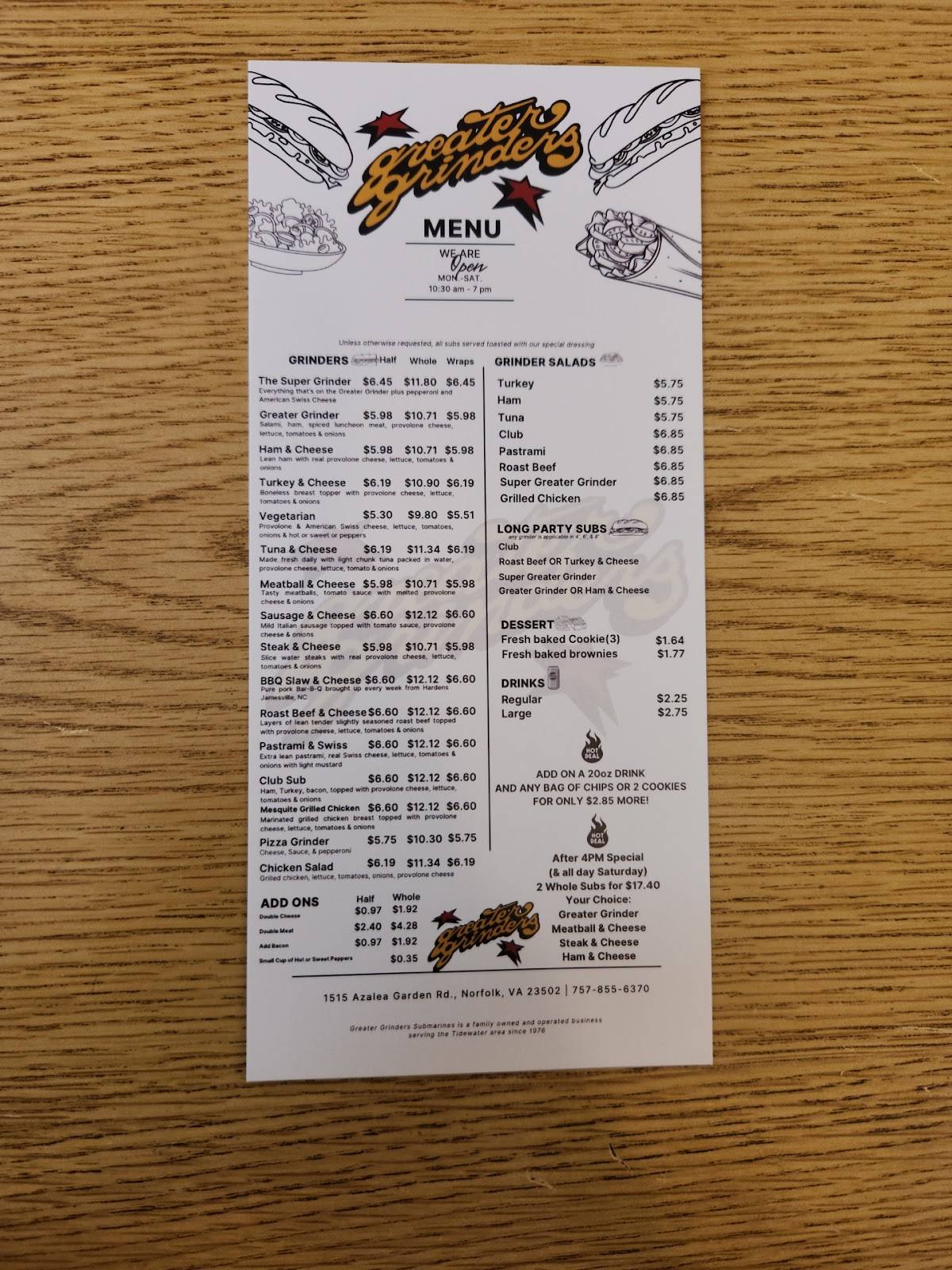 Menu at Greater Grinders Submarines restaurant, Norfolk, Azalea Garden Rd