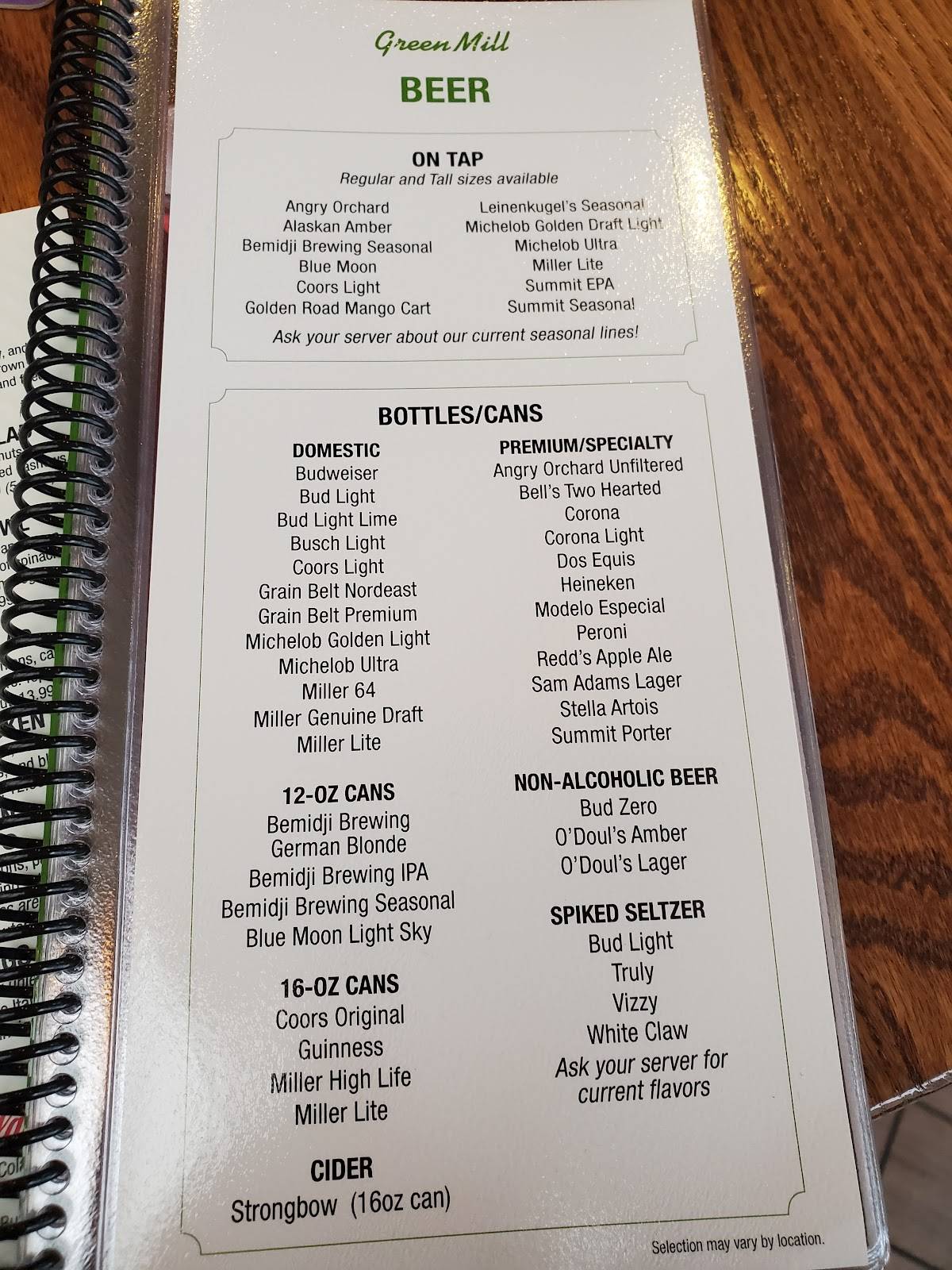 Menu at Green Mill Restaurant & Bar, Bemidji, Paul Bunyan Dr SE S