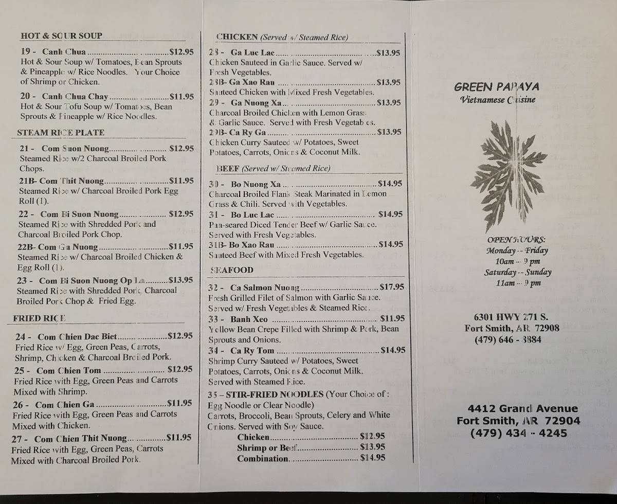 Menu at Green Papaya on Hwy 271 S restaurant, Fort Smith, US-271