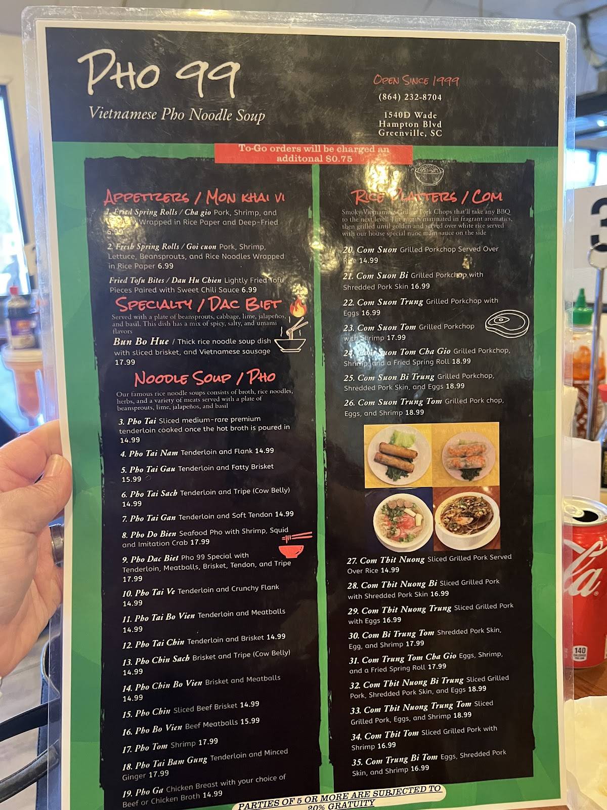 Menu at Pho 99 restaurant, Greenville, D Wade Hampton Blvd