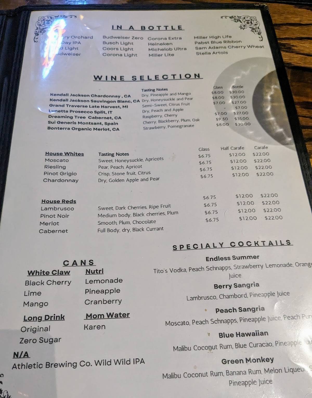 Menu at Winter Inn pub & bar, Greenville