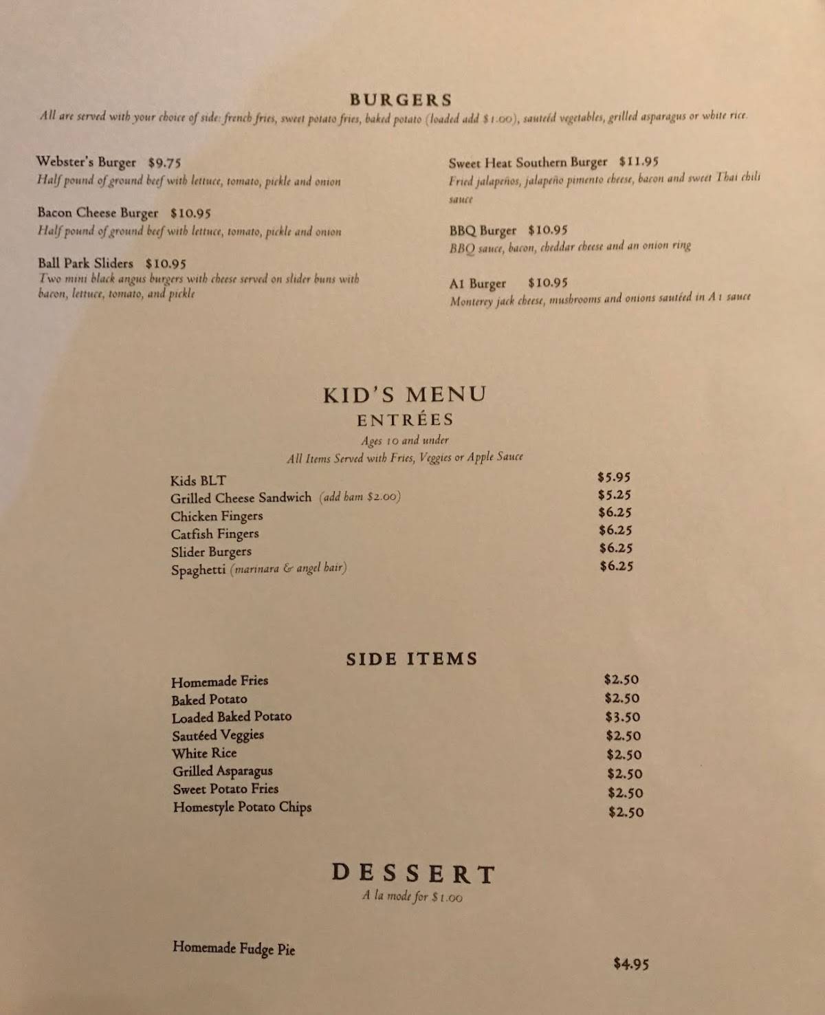 Menu at Webster's restaurant, Greenwood