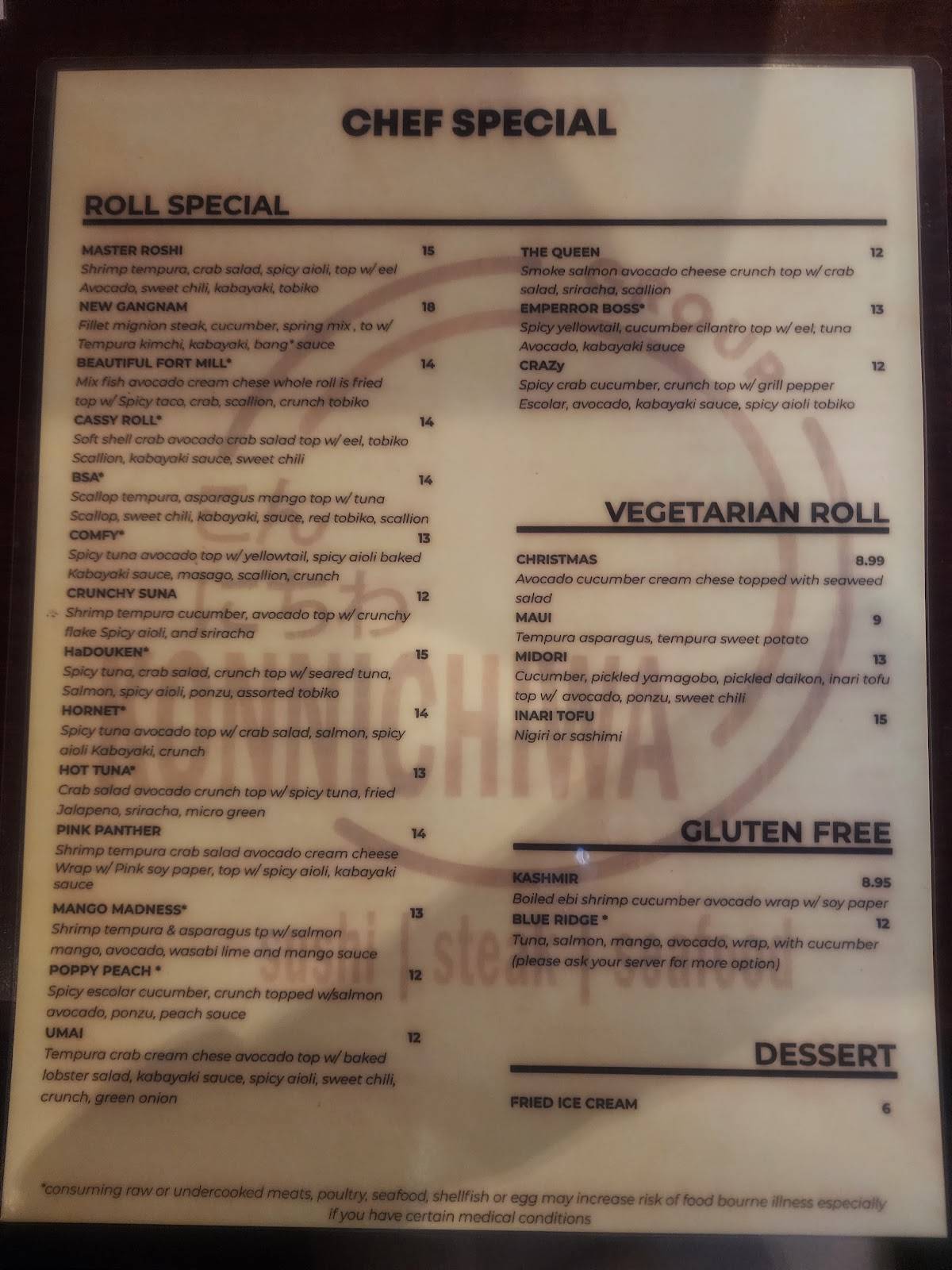 Menu at Konnichiwa restaurant, Greer