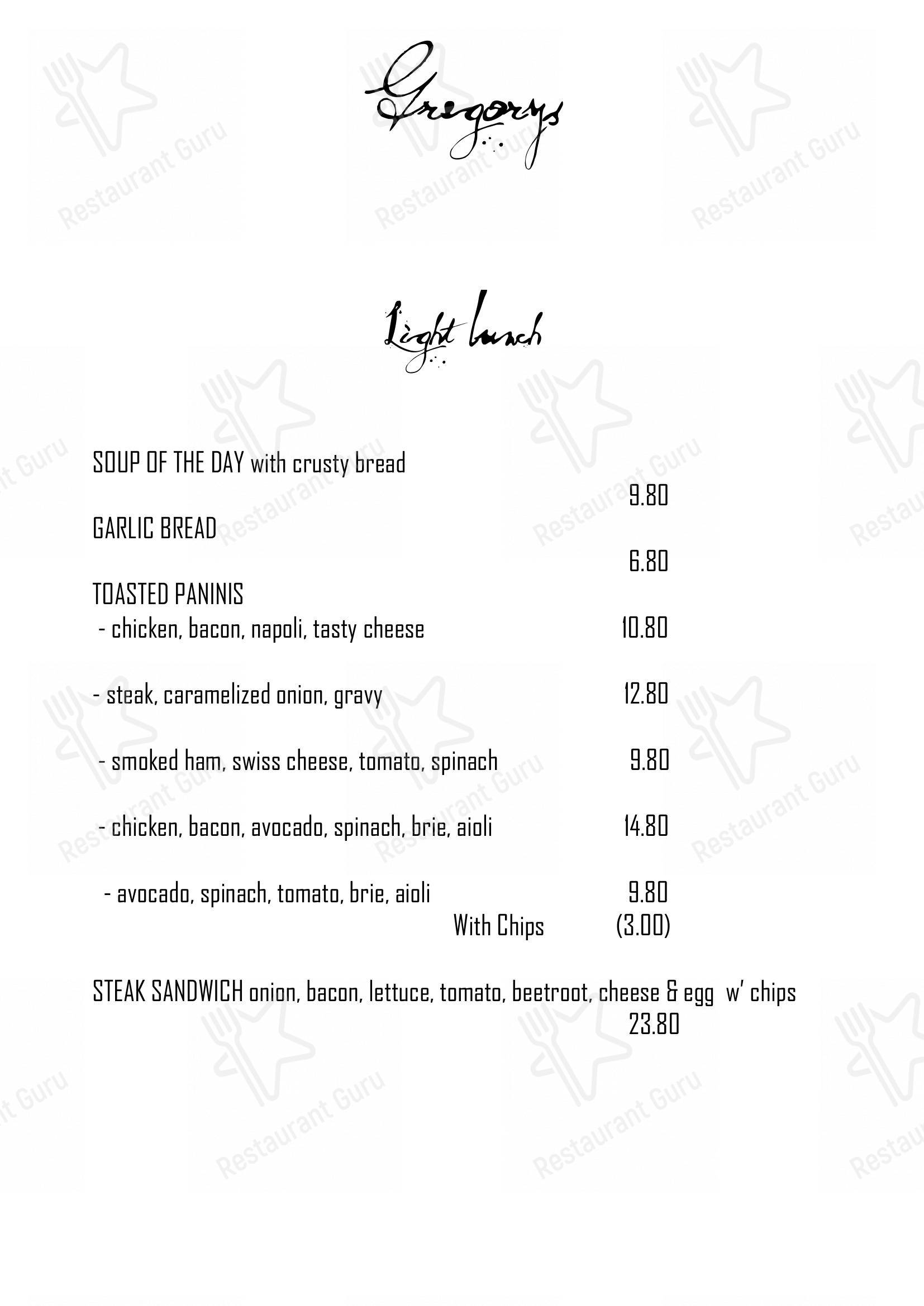 Menu at Gregory's Cafe Restaurant, Port Fairy