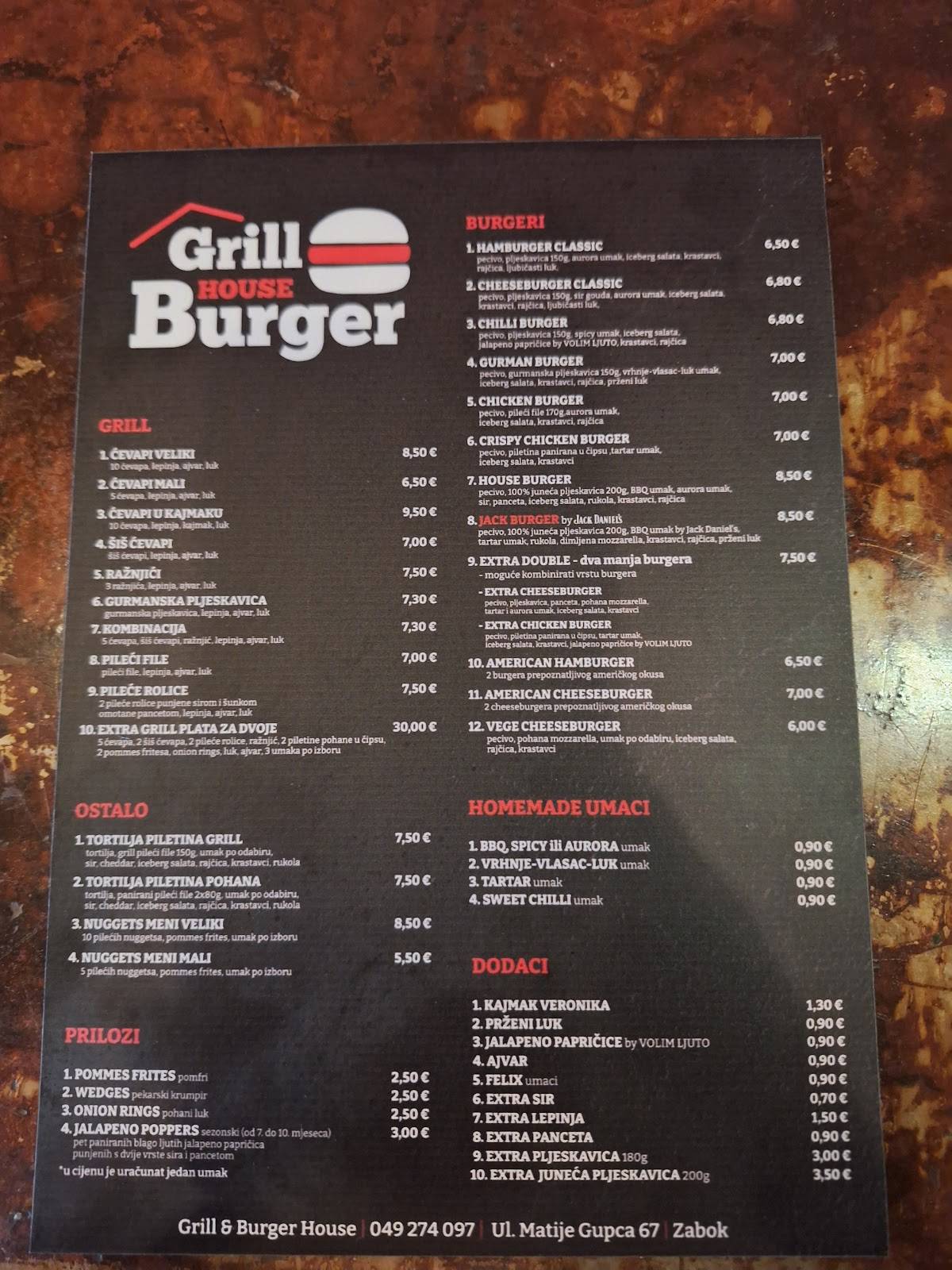 Menu at Grill & Burger House restaurant, Zabok