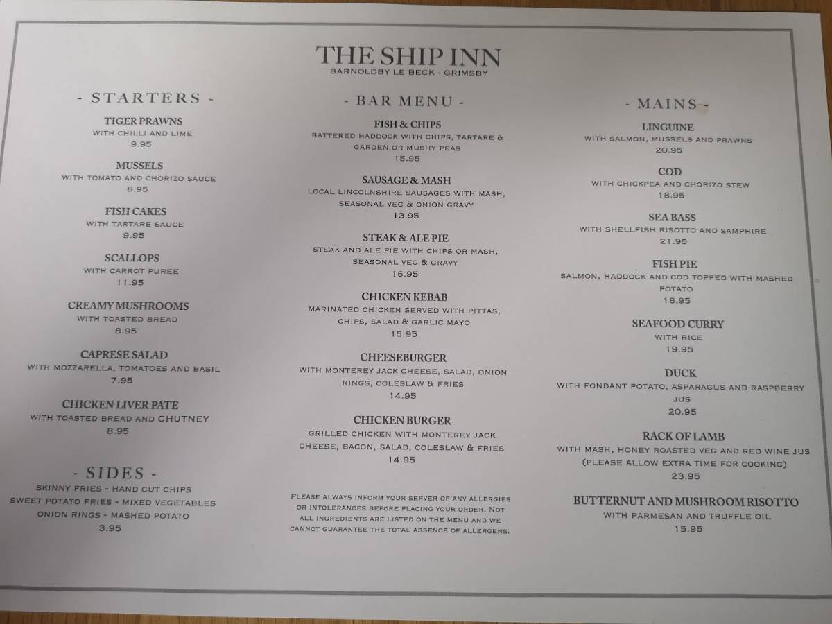 Menu at The Ship Inn pub & bar, Grimsby