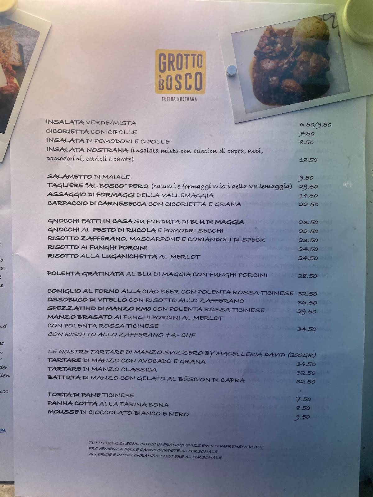 Menu au Grotto al Bosco, Avegno, Via Cantonale