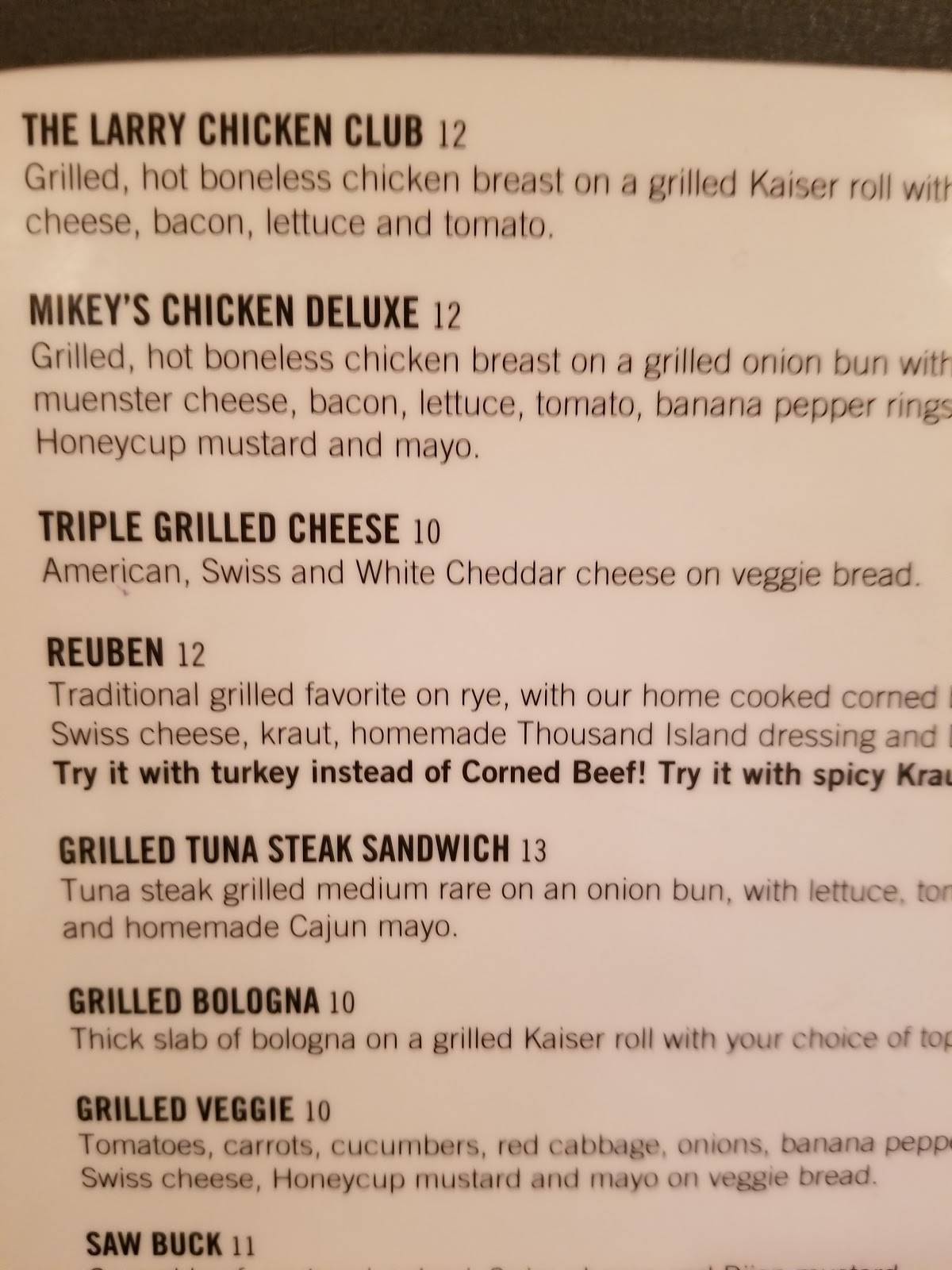 Menu at Grumpy's Toledo restaurant, Toledo