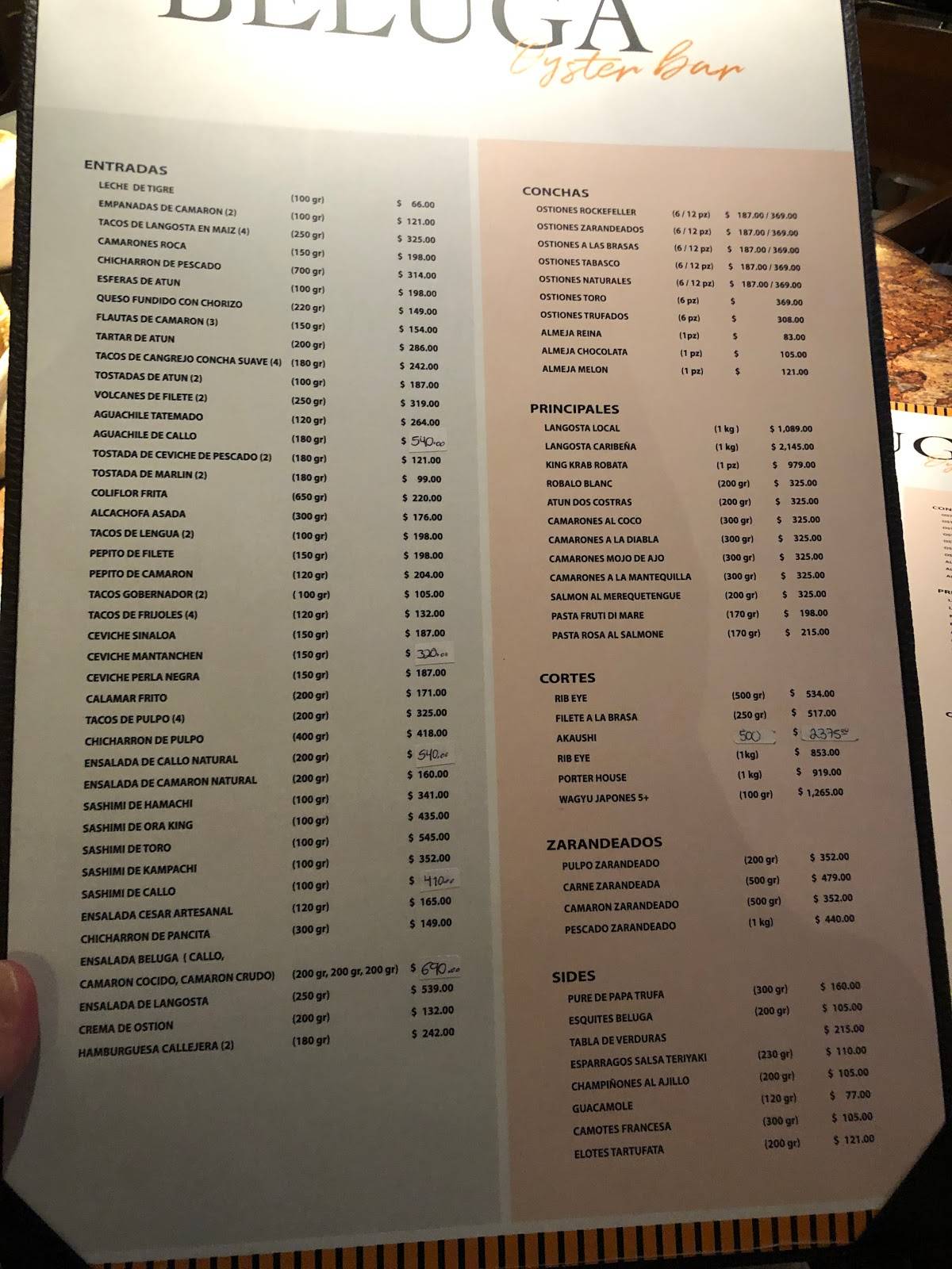 Carta del restaurante Beluga, Guadalajara