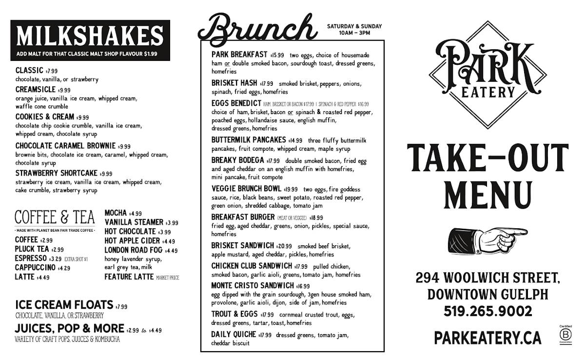 Menu at Park Eatery restaurant, Guelph