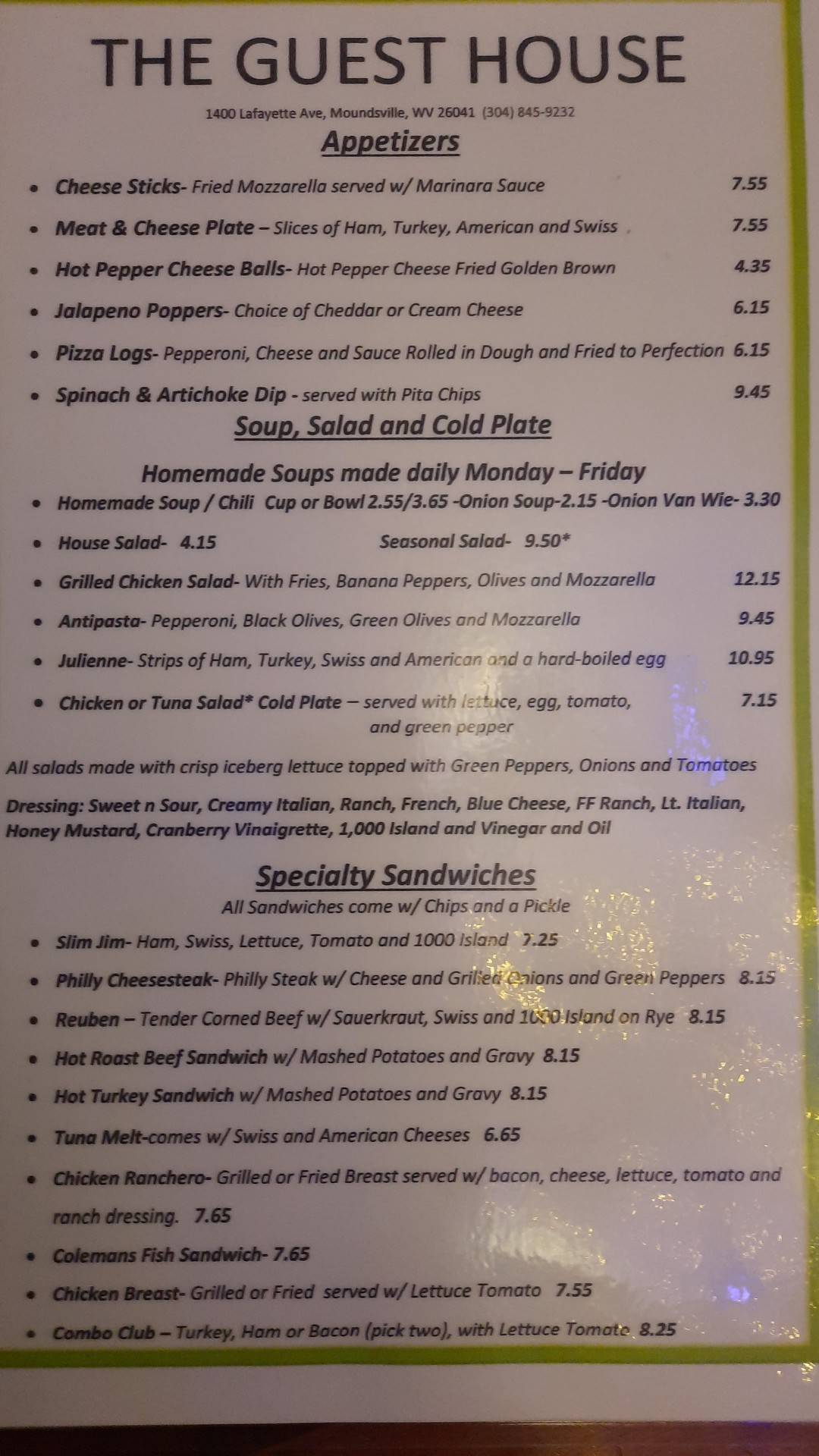 Menu at The Guest House Restaurant, Moundsville
