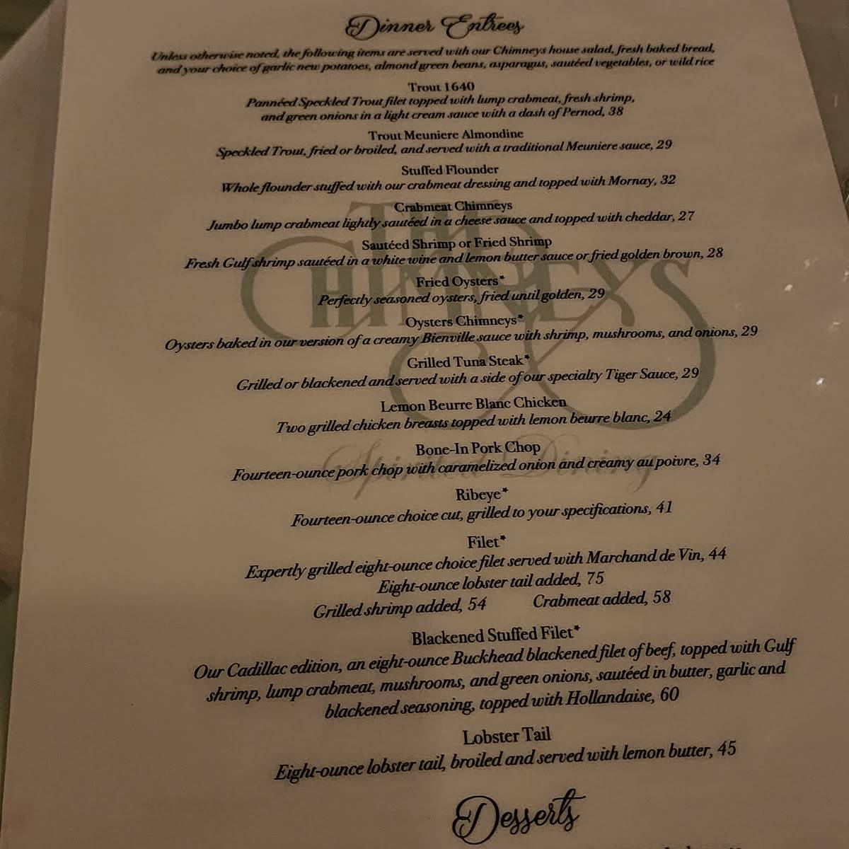 Menu at The Chimneys Restaurant, Gulfport, E Beach Blvd