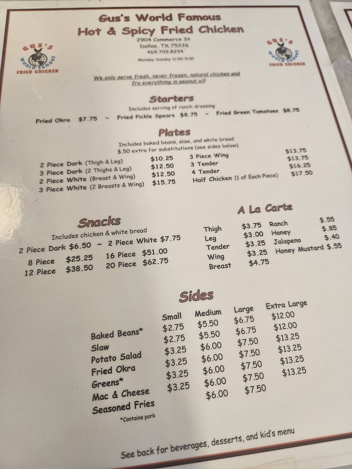 Menu at Gus's World Famous Fried Chicken restaurant, Dallas