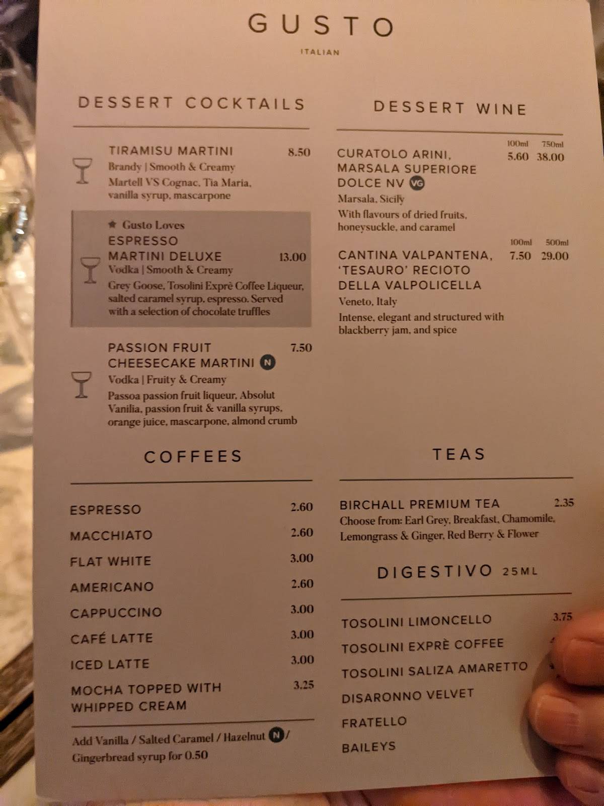 Menu at Gusto Italian restaurant, Leeds, 10 Greek St