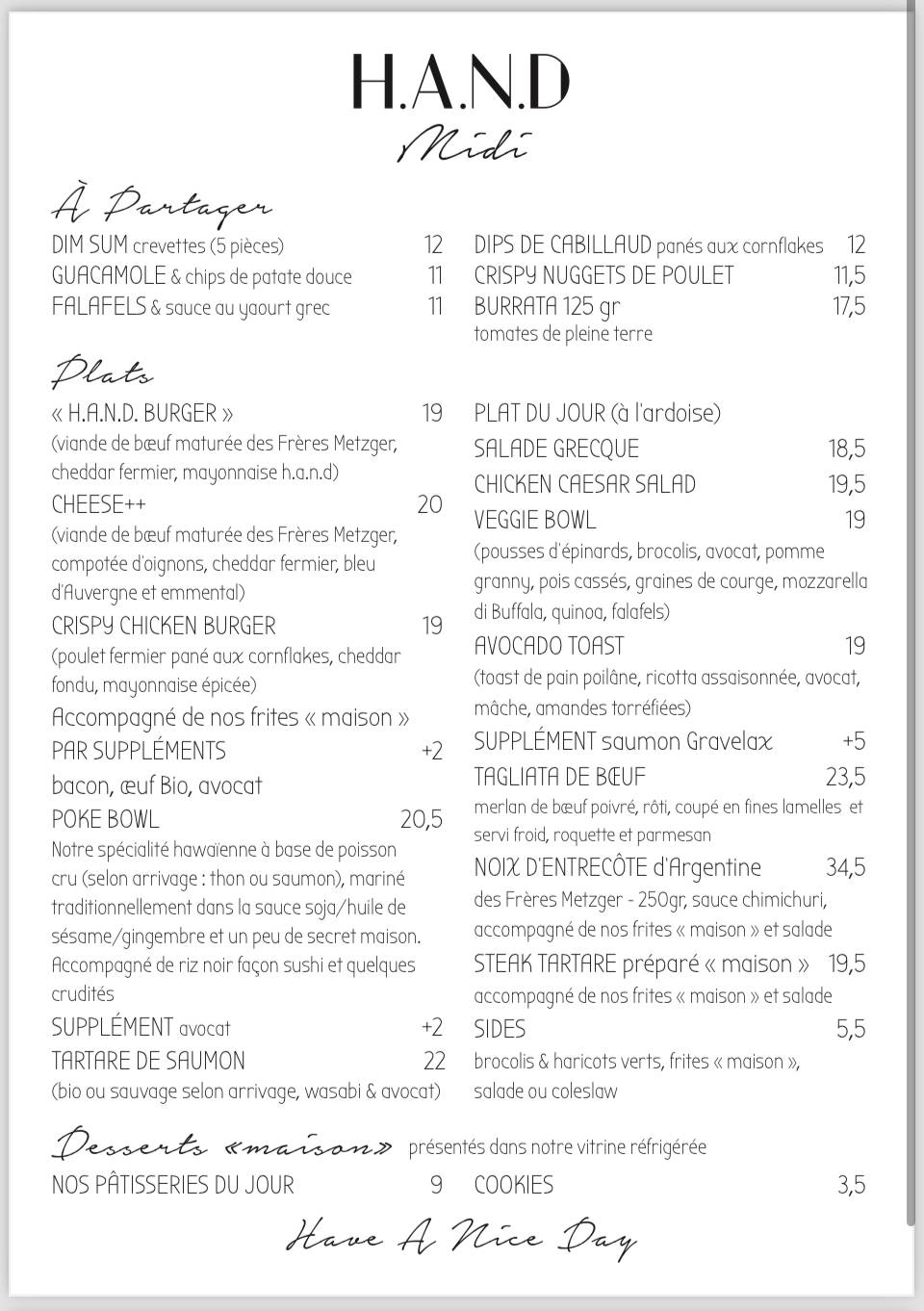 Menu au H.A.N.D Have A Nice Day restaurant, Paris, 39 Rue de Richelieu ...