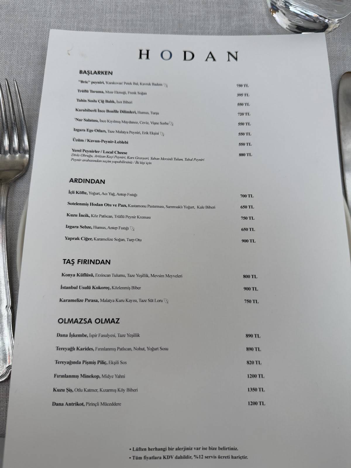 Menu at HODAN restaurant, Istanbul