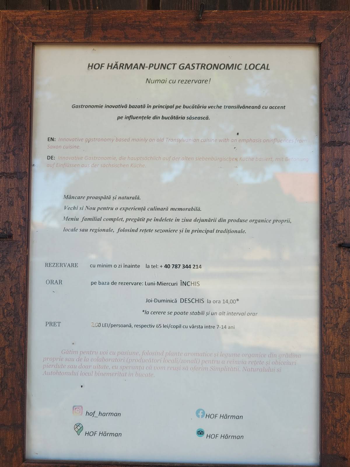 Speisekarte von HOF Hărman, Honigberg