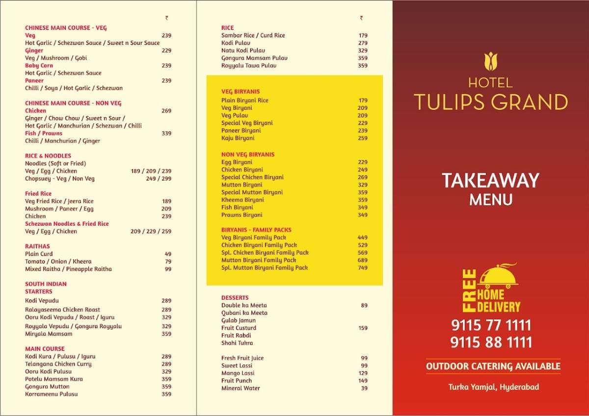Menu at HOTEL TULIPS GRAND, Hyderabad, Turka yamjal