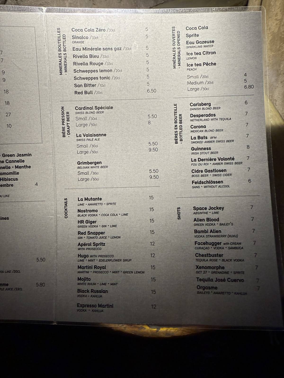 Menu at HR Giger - Bar & Museum, Gruyères
