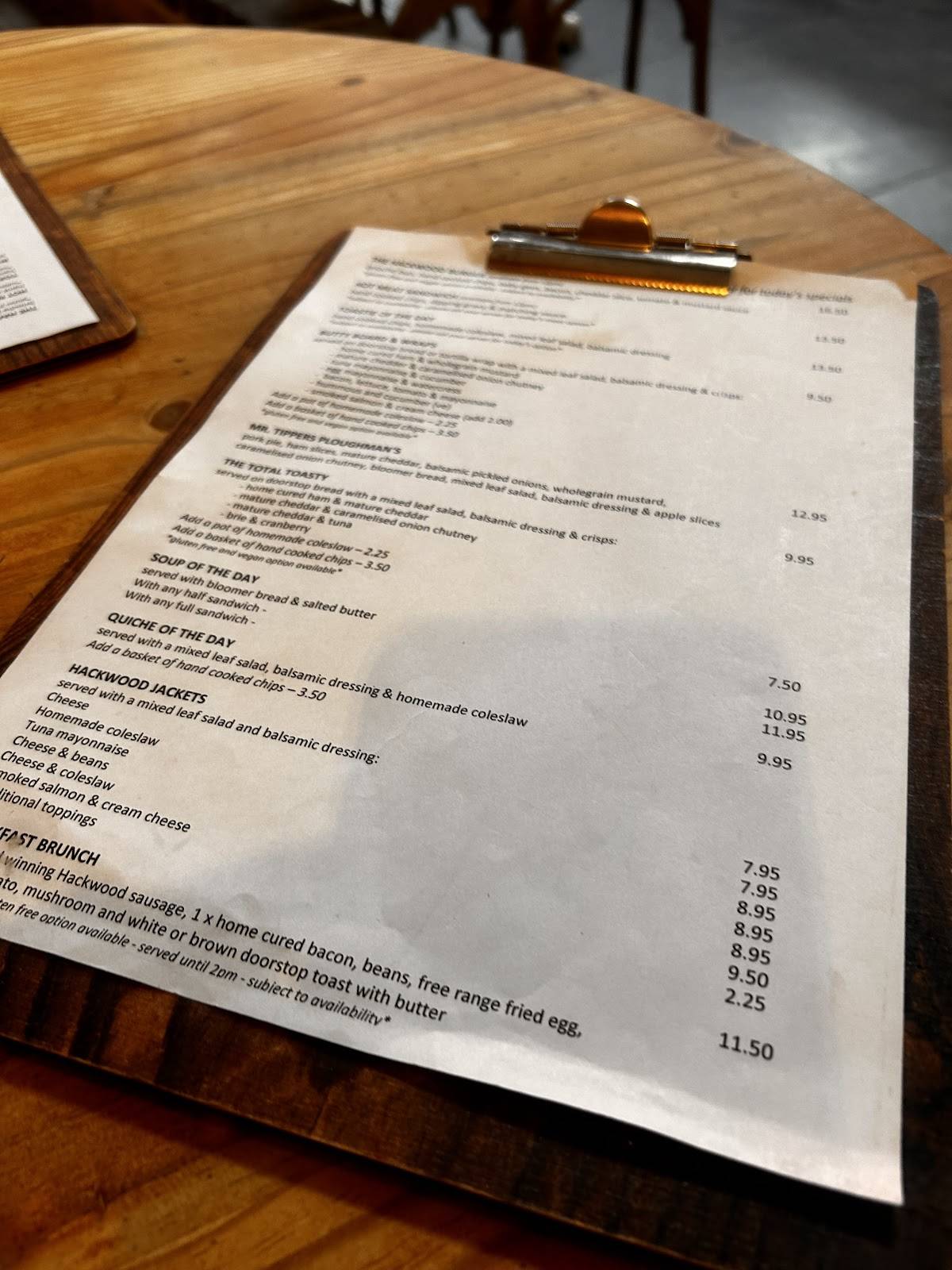 Menu at Hackwood cafe, Derby