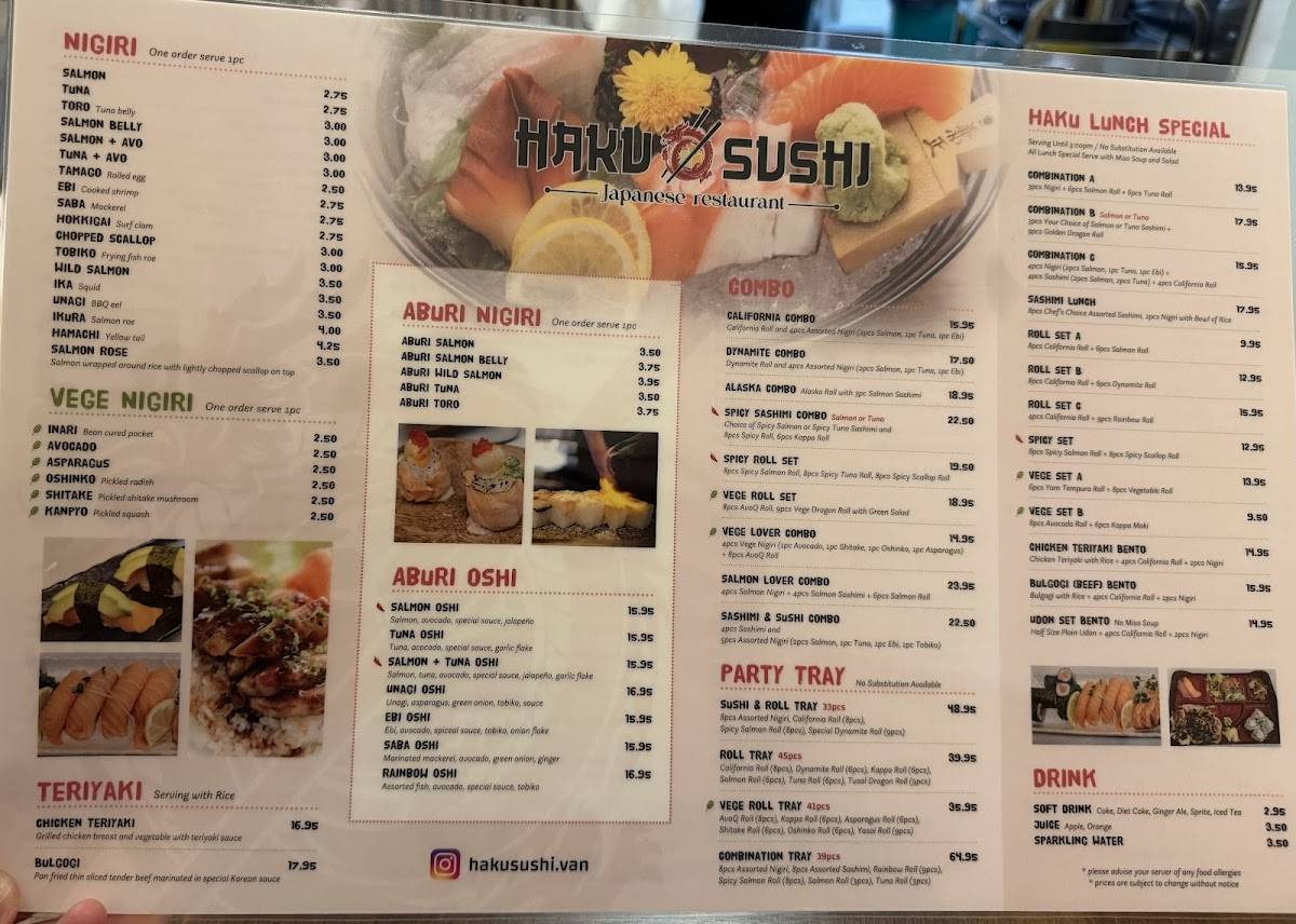 Menu at Haku Sushi restaurant, Burnaby