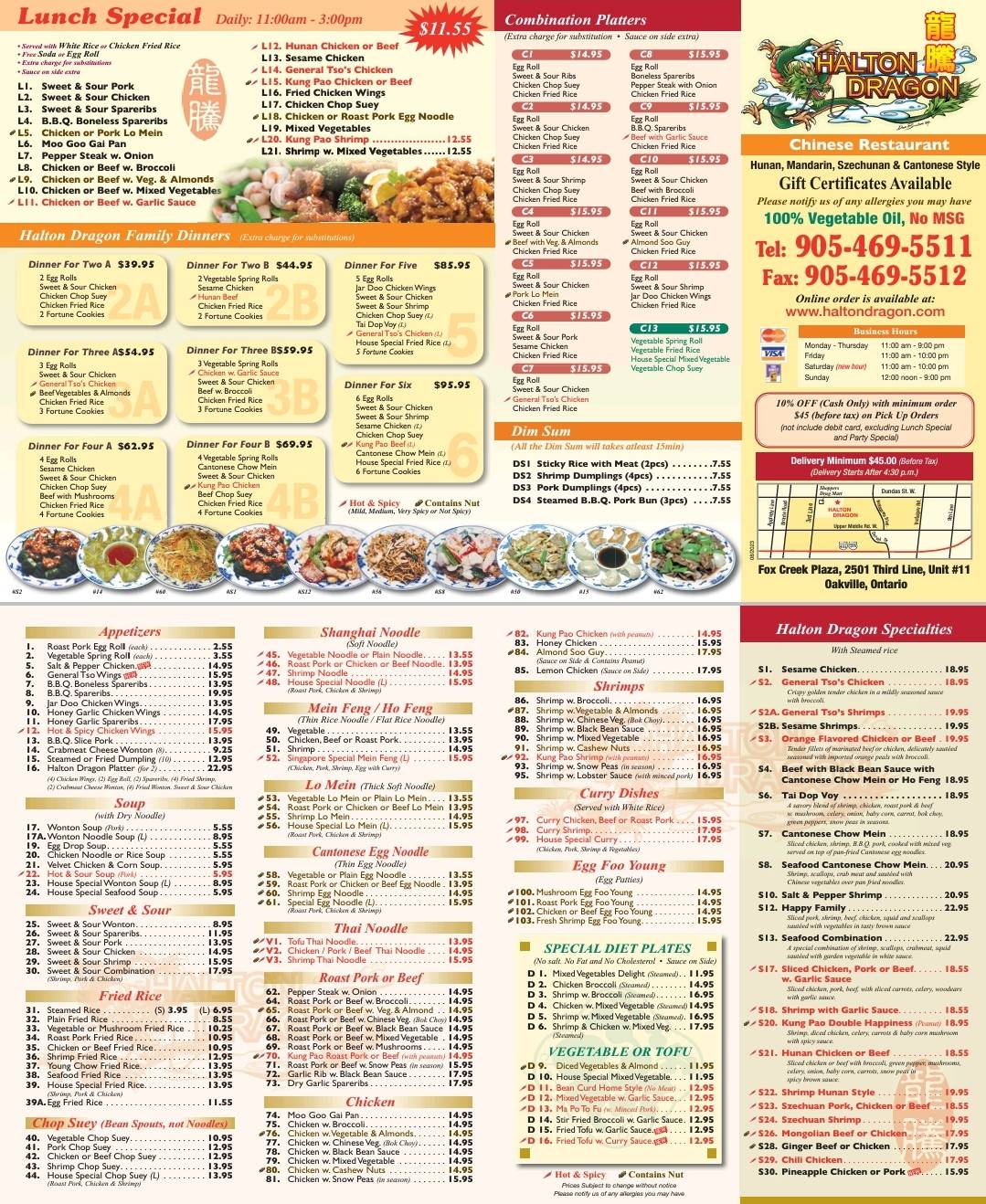 Menu at Halton Dragon Chinese Restaurant, Oakville, Third Line Unit 11