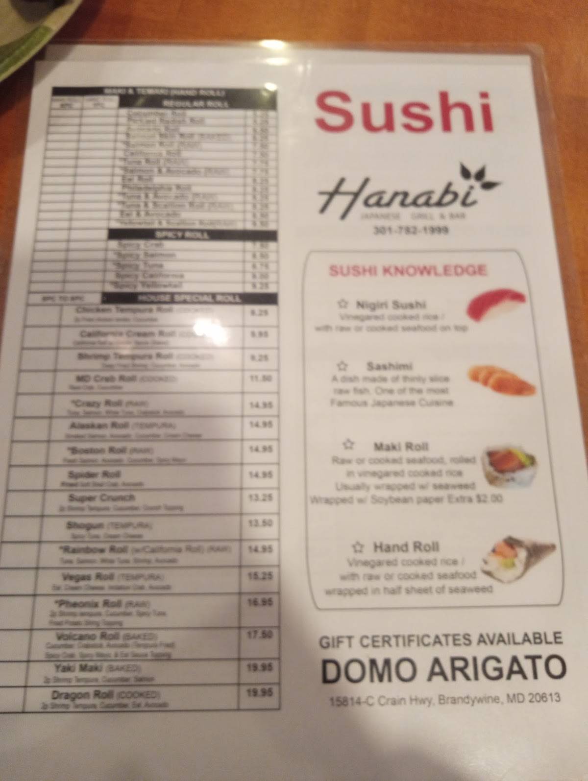 Menu at Hanabi Japanese Grill & Bar, Brandywine