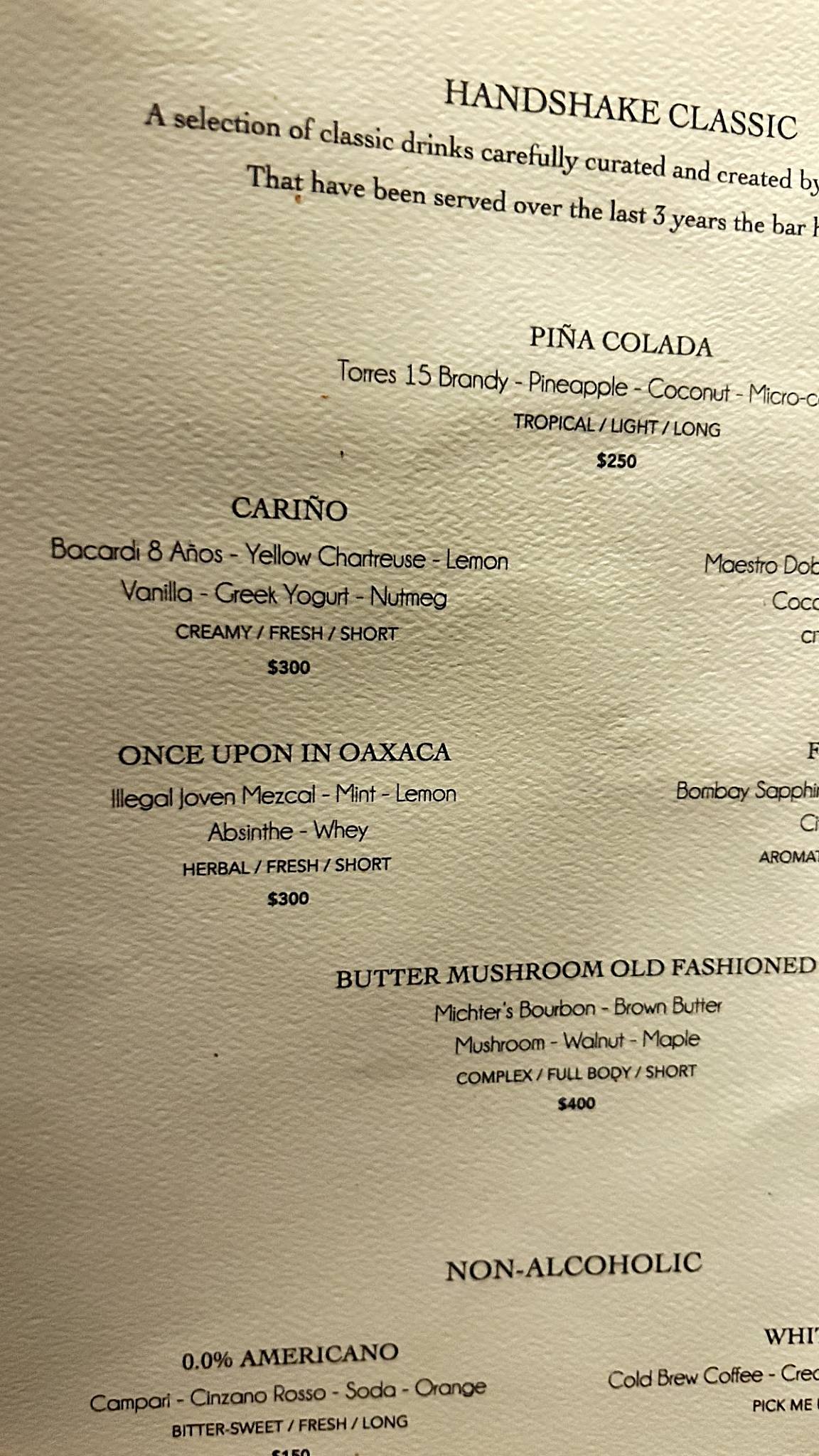 Menu at Handshake Speakeasy pub & bar, Mexico City, C. Amberes 65