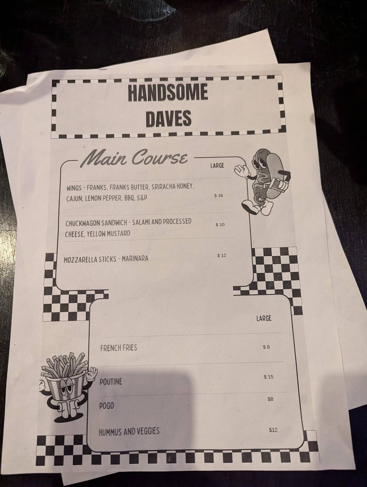 Menu at Handsome Dave’s neighbourhood bar (no longer bon temps), Hamilton