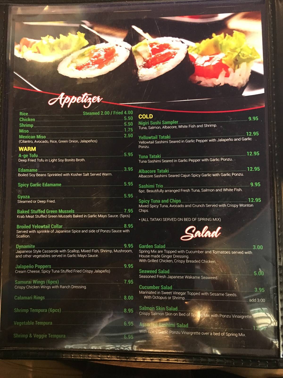Menu at Samurai Sushi Bar, Hanford