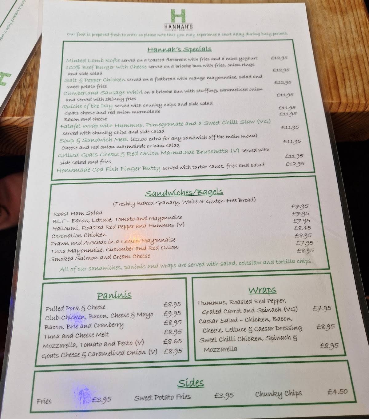 Menu at Hannah's cafe, Birkenhead